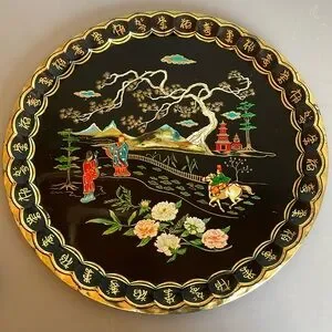 Vintage | Accents | Metal Tray Baret Ware Asian Theme Black Round ...